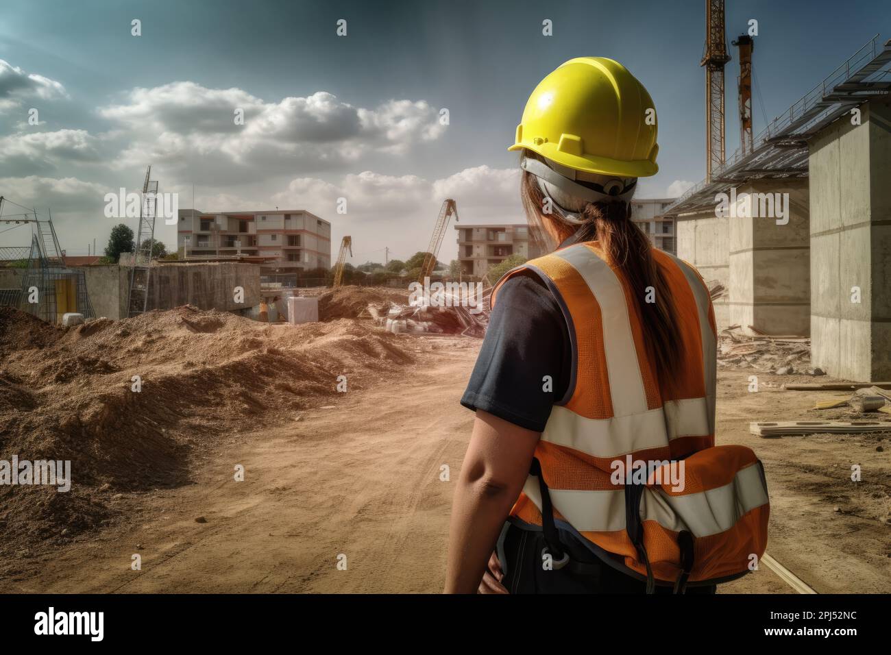 Female construction worker in safety gear with helmet seen from behind ...