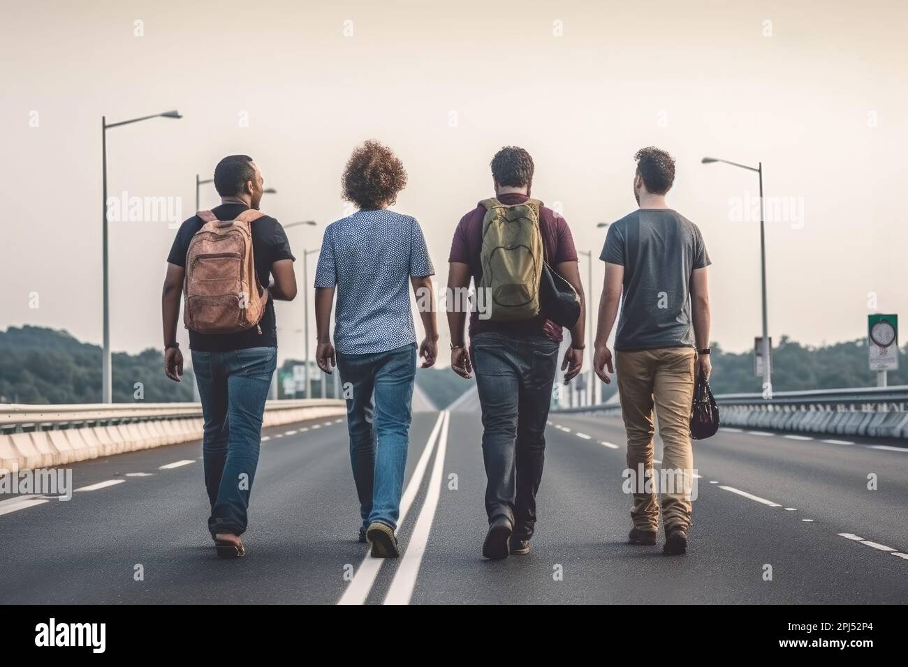 Four friends walking together on a road, seen from behind, symbolizing ...