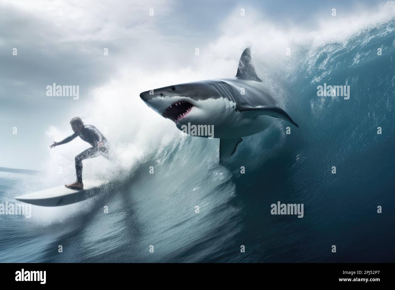 Shark Following Surfer In Wave