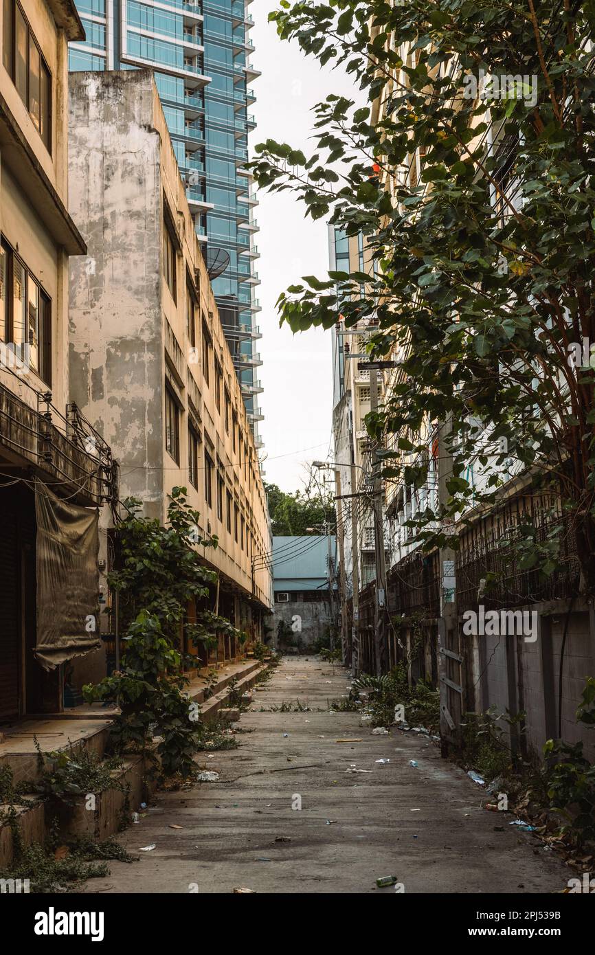 A narrow alleyway with several buildings in the background in a ...