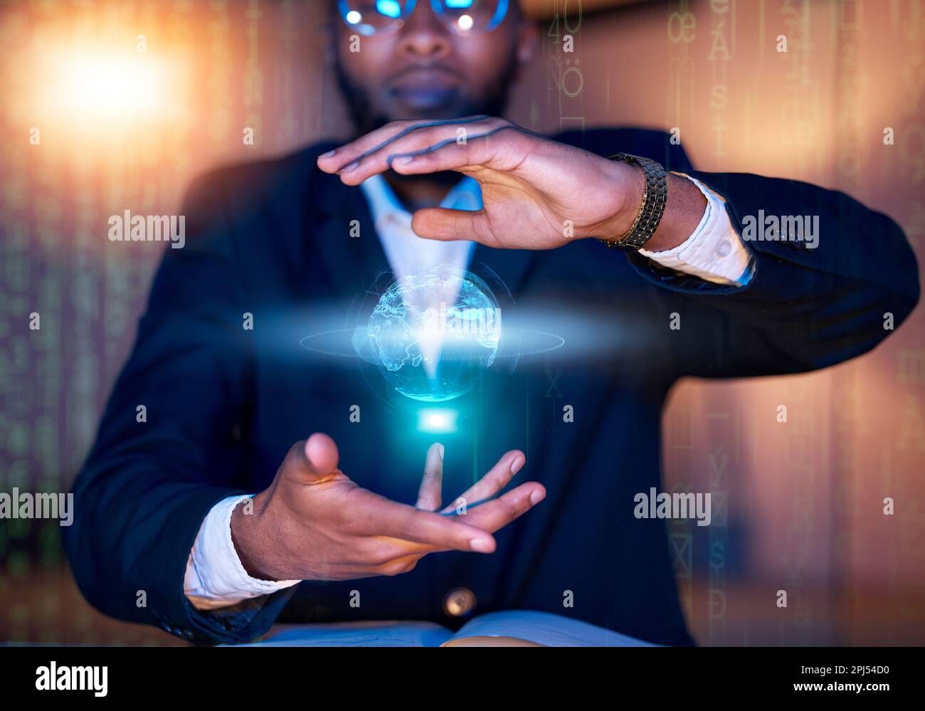 Global hologram, code network and black man hands with futuristic ...