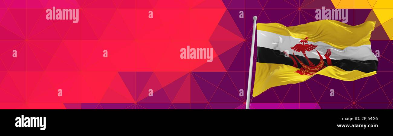 official flag of Brunei waving at colorful background, panoramic view ...