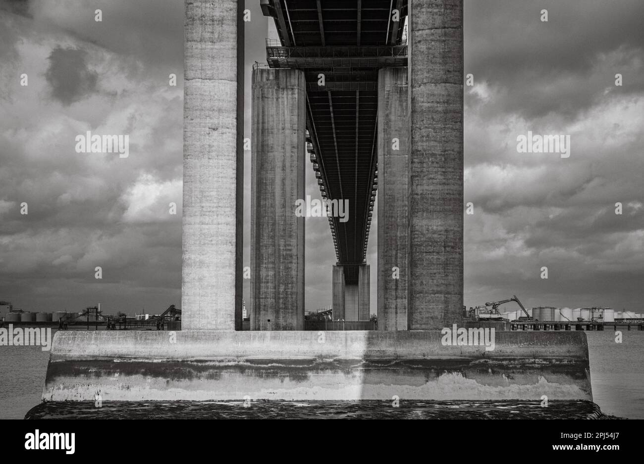 A view underneath the Dartford Crossing and QE2 bridge linking Kent and ...