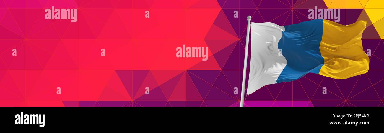 official flag of Canary Islands waving at colorful background ...