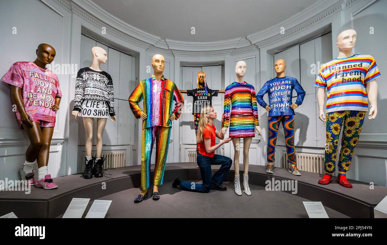 London, UK. 31st Mar, 2023. A glitter rainbow mini dress, worn by ...