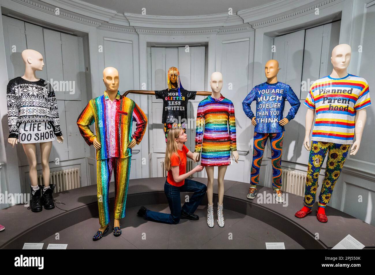 London, UK. 31st Mar, 2023. A glitter rainbow mini dress, worn by ...