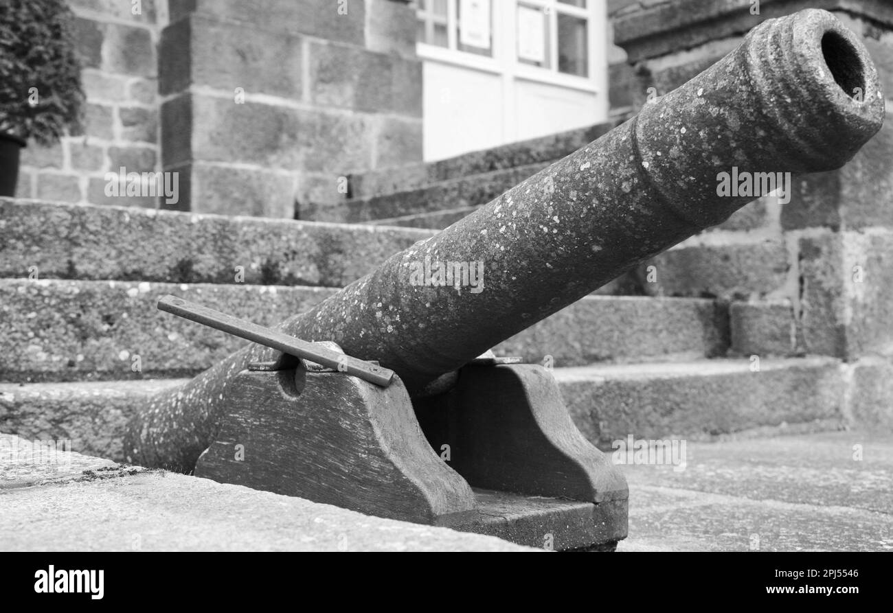 An ancient cannon at the entrance to the Chateau, Chateau de Flers ...