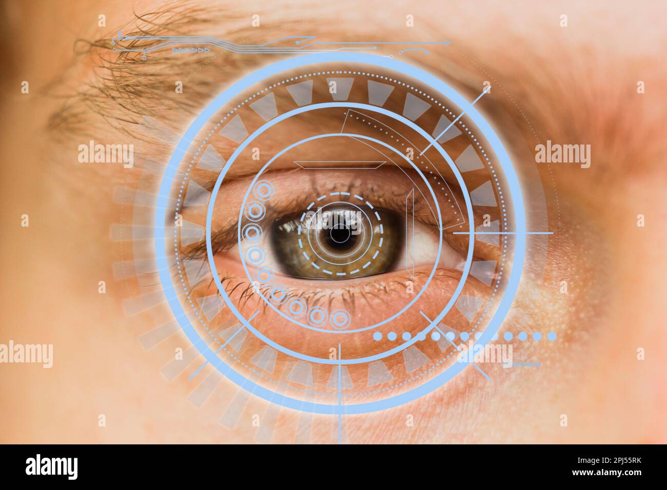 Eye with a futuristic vision of a person, control and protection of ...