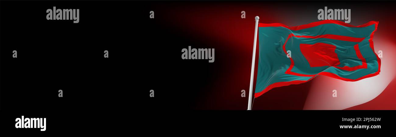 official flag of Dervish waving at colorful background, panoramic view ...