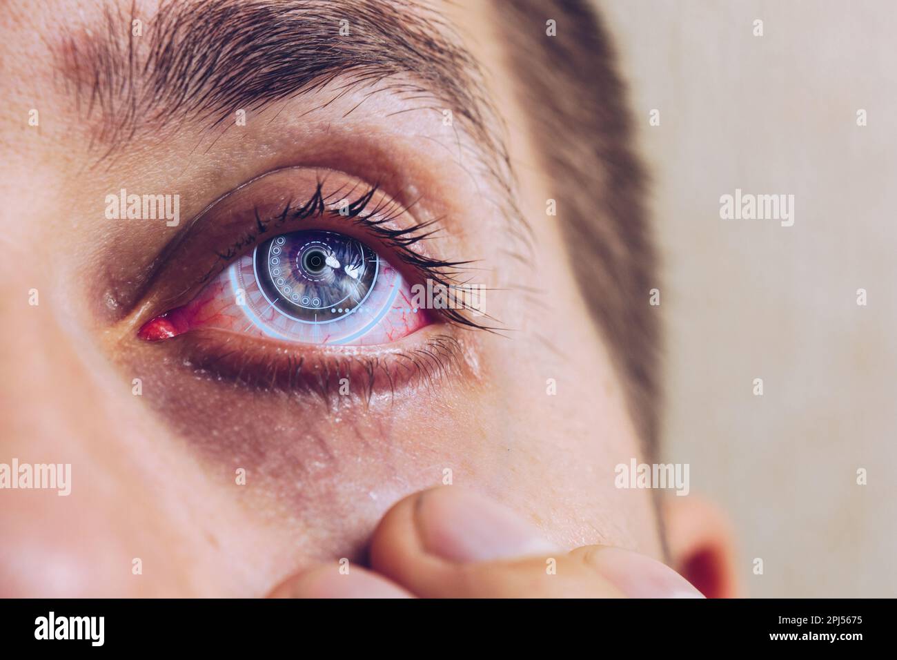 Eye with a futuristic vision of a person, control and protection of ...