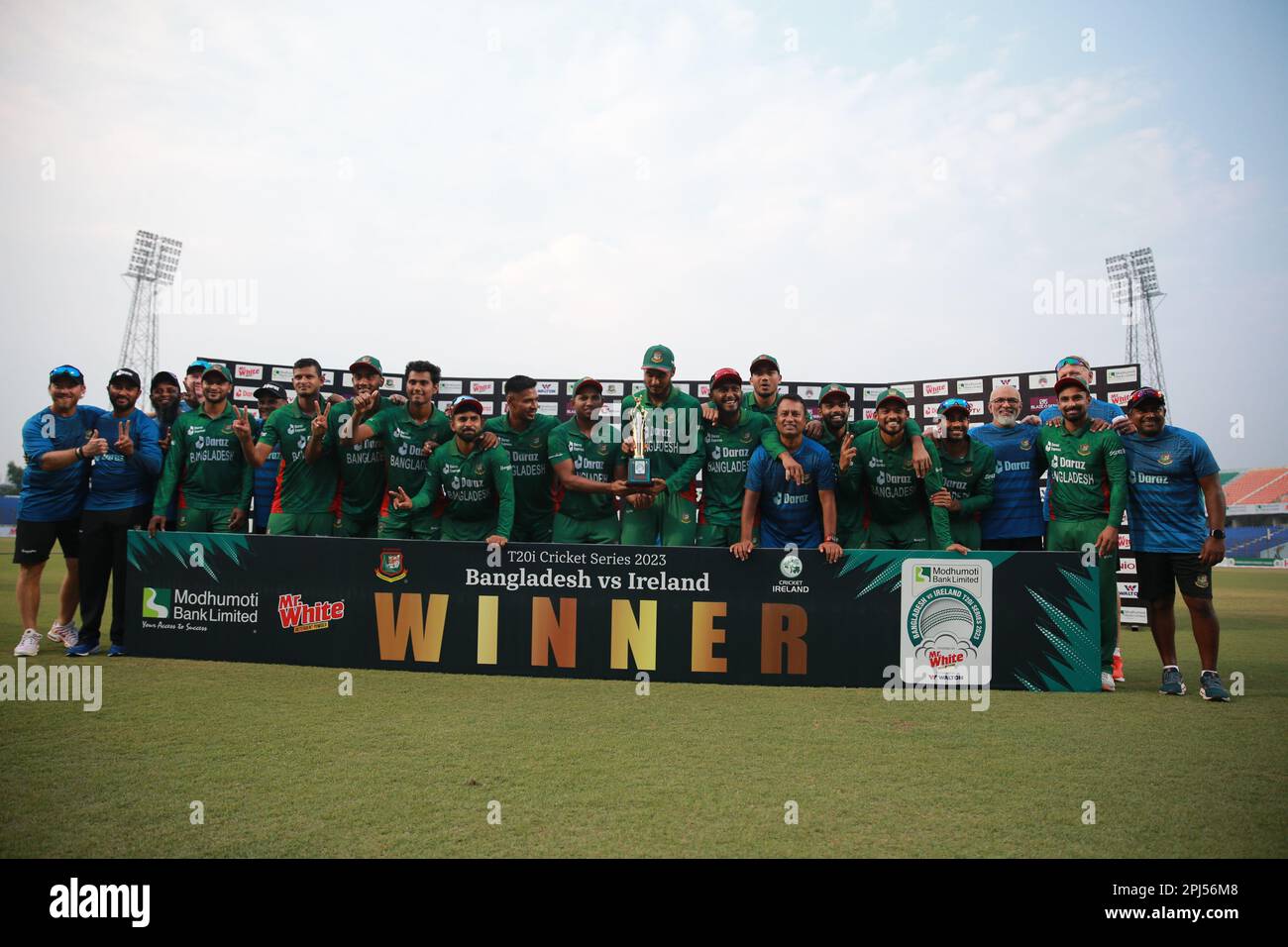 Bangladesh T20I cricket Team posses with the series trophy at Zahur ...