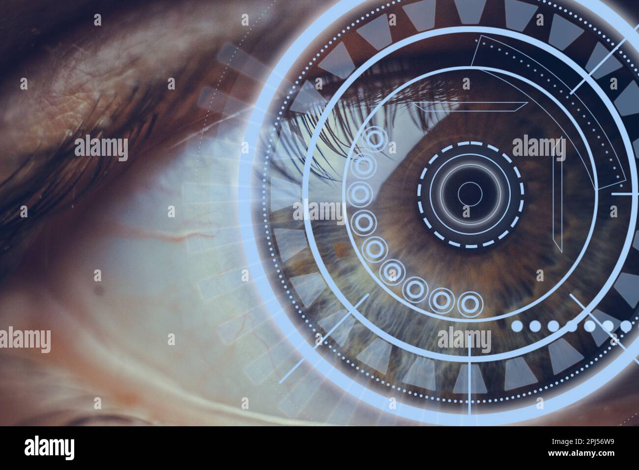 Eye with a futuristic vision of a person, control and protection of ...