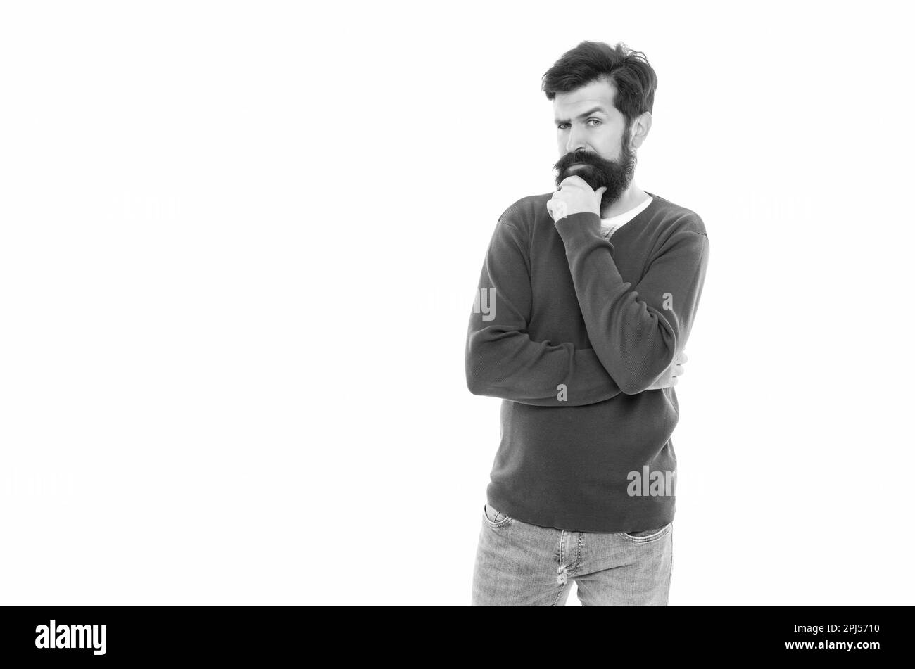 pondering mature guy with beard isolated on white background with copy ...