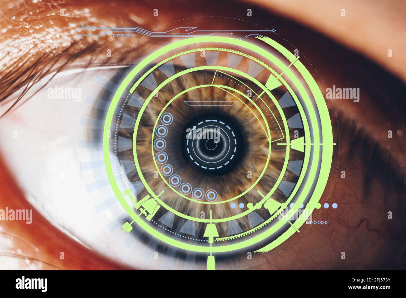 Eye with a futuristic vision of a person, control and protection of ...