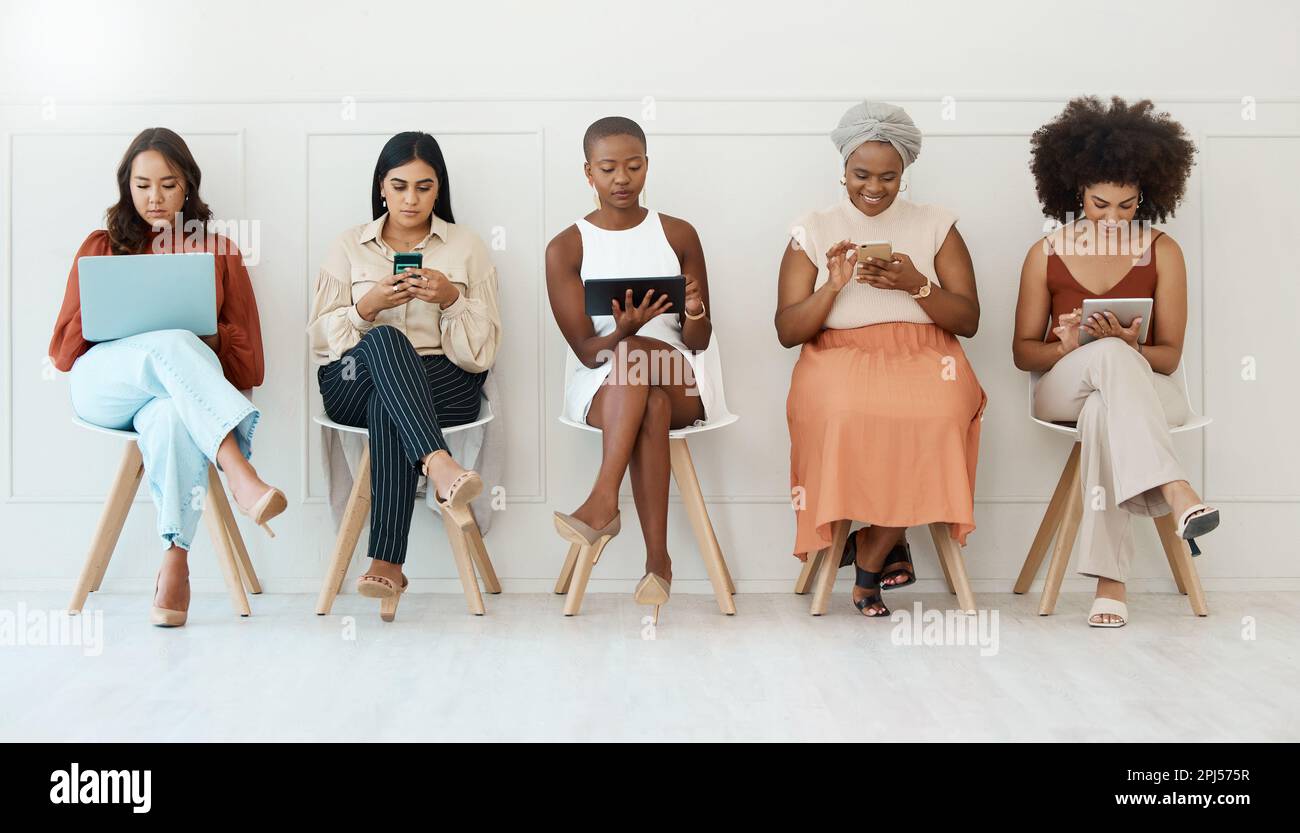 Business woman, networking and communication in waiting room for social ...