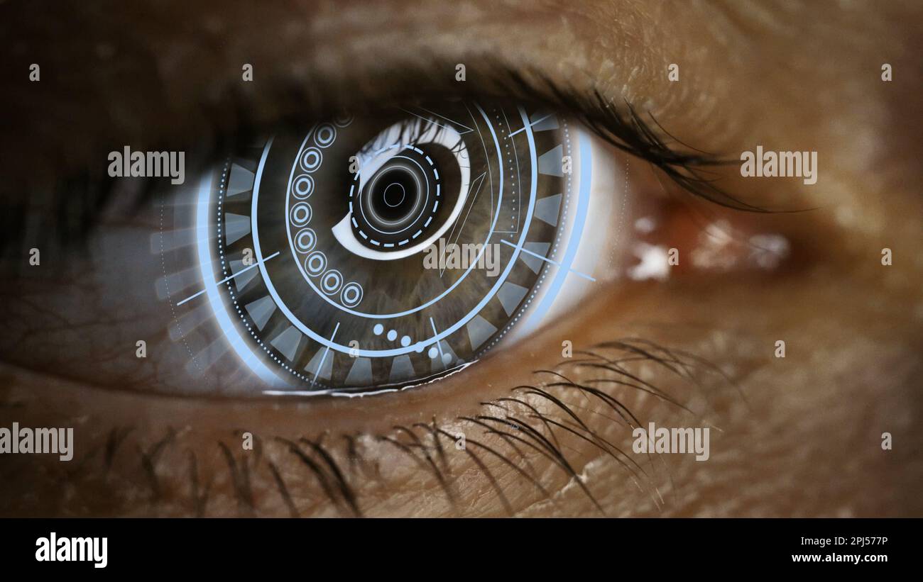 Eye with a futuristic vision of a person, control and protection of ...