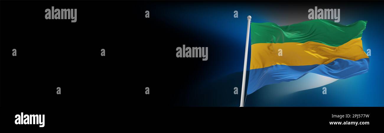 official flag of Gabon waving at colorful background, panoramic view ...