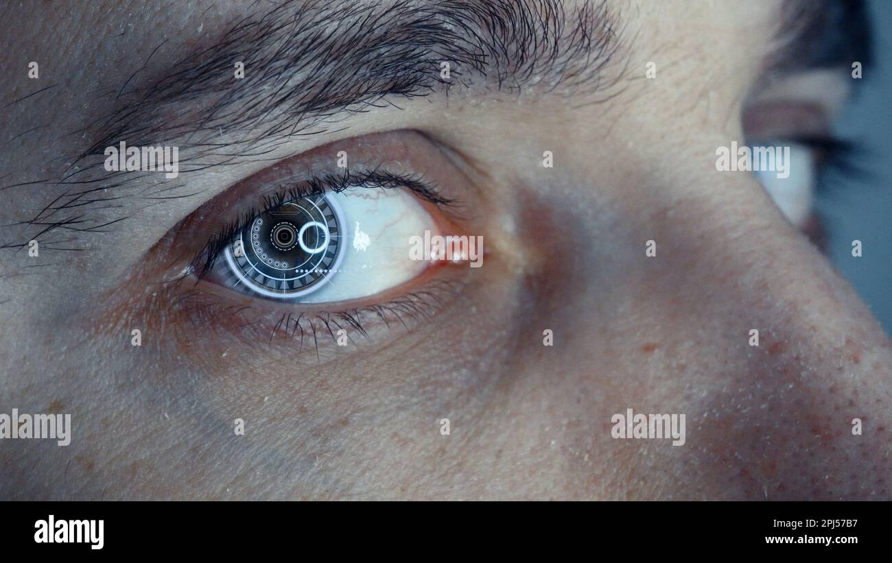 Eye with a futuristic vision of a person, control and protection of ...