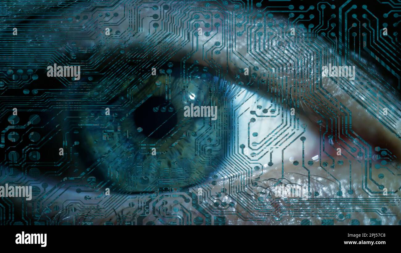 Close-up of a male eye with visual effects. The concept of a sensor ...