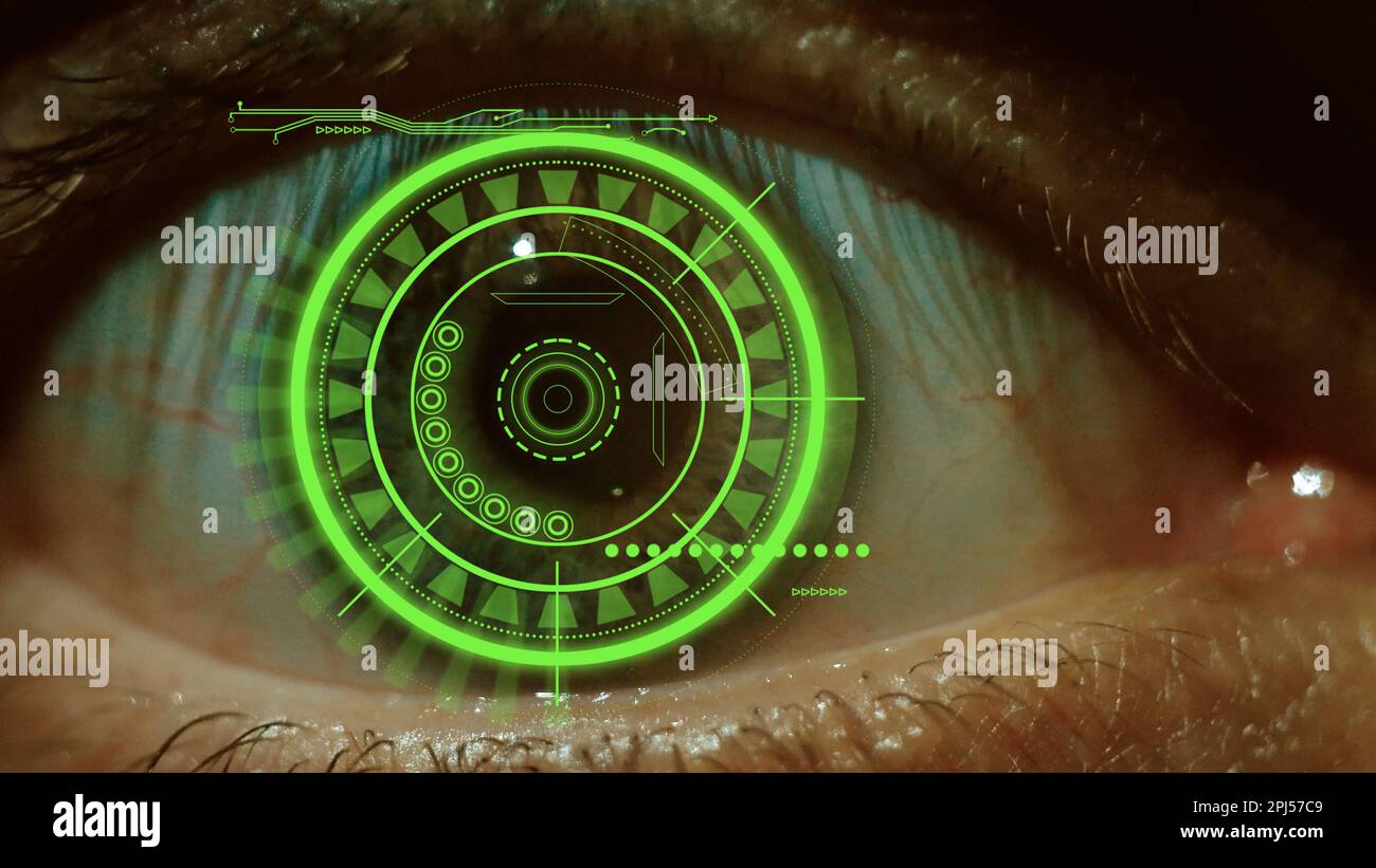 Eye with a futuristic vision of a person, control and protection of ...