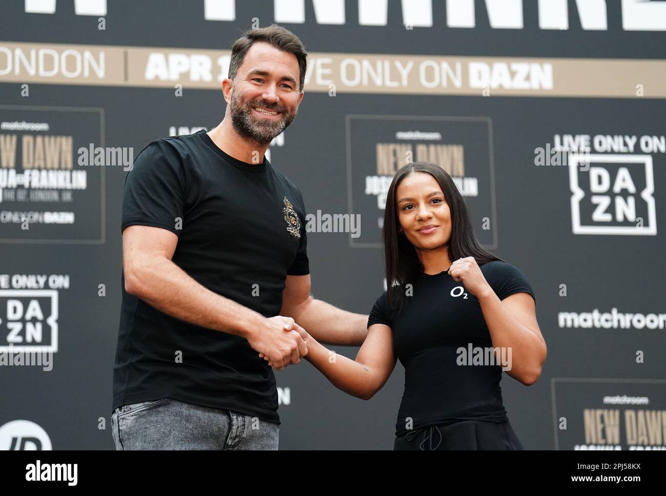 Shannon Ryan poses for photographers with promoter Eddie Hearn during ...