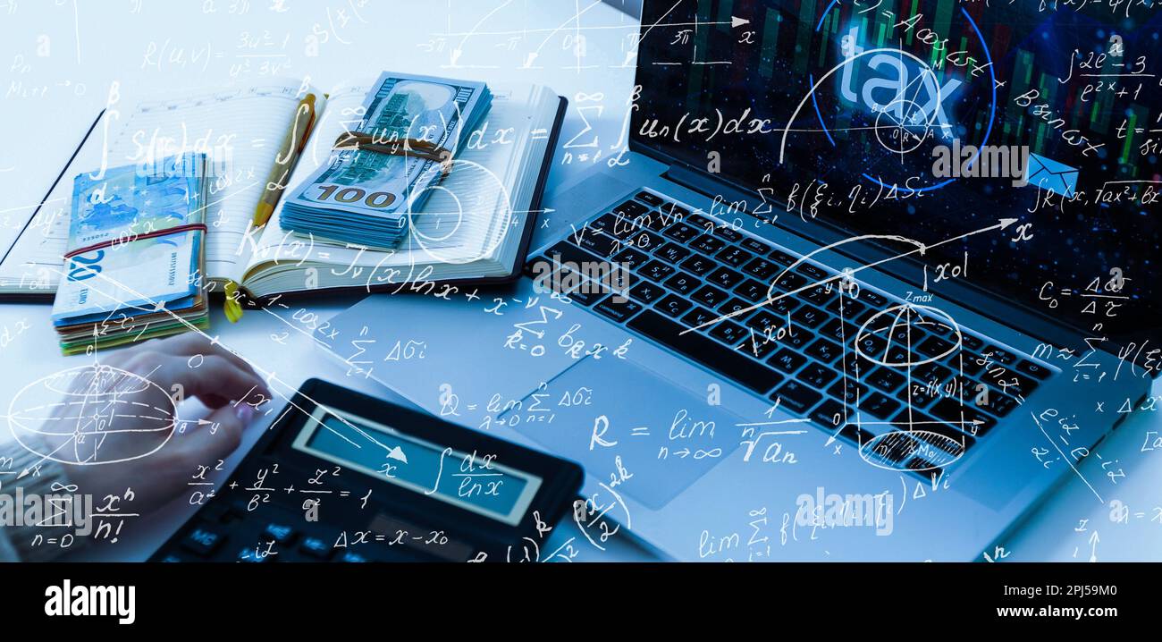 Student or teacher with mathematical and scientific formulas. Concepts ...