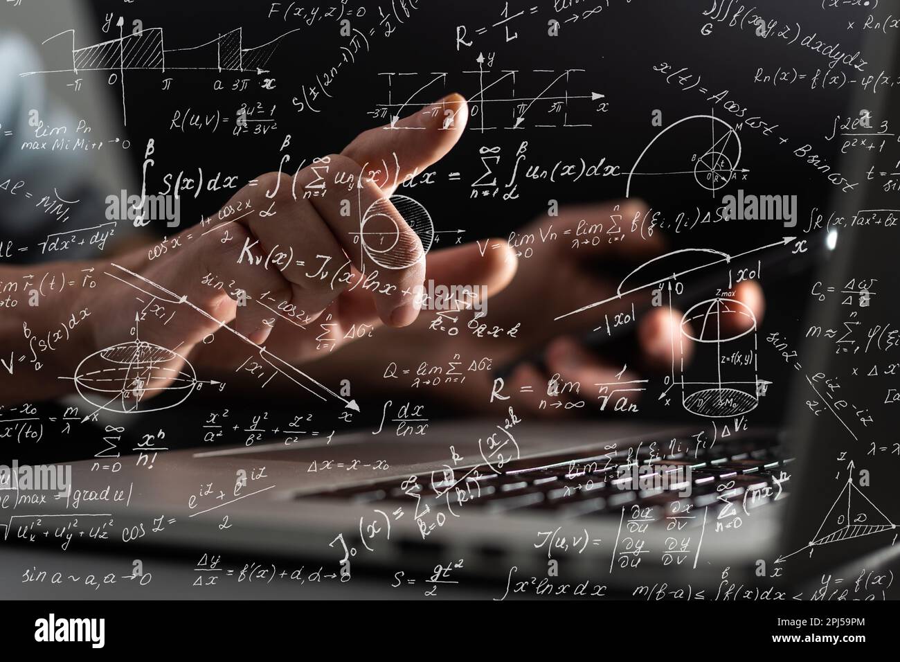 Student or teacher with mathematical and scientific formulas. Concepts ...