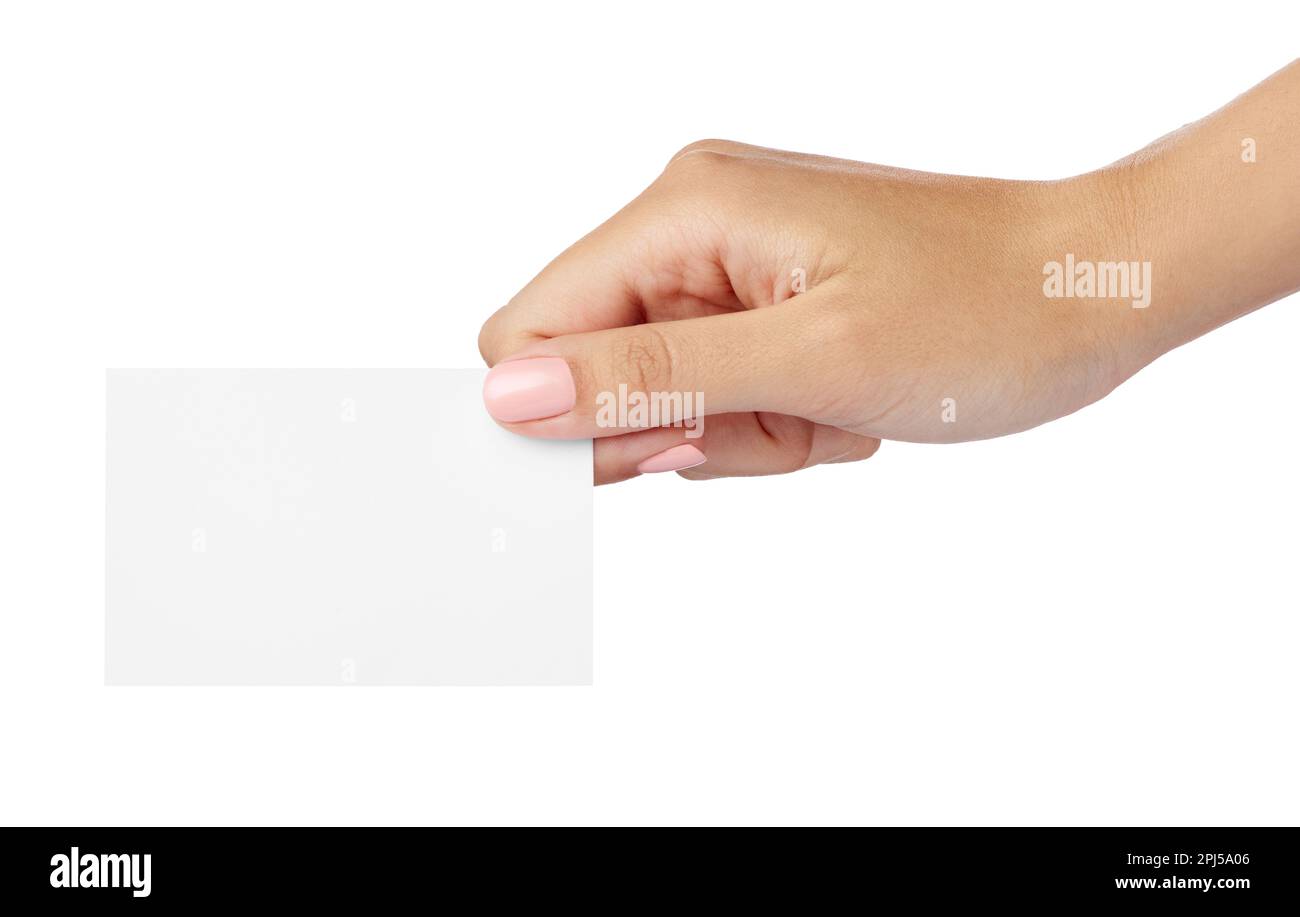 close up of a female hand holding blank note card sign on white ...