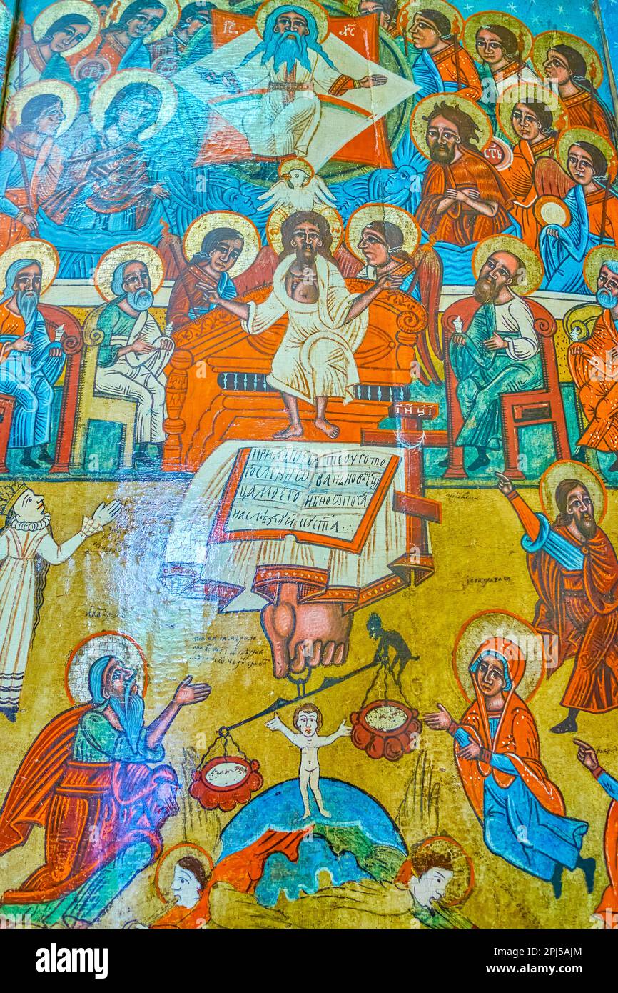 The fragment of the colorful medieval icon depicting the Last Judgment ...