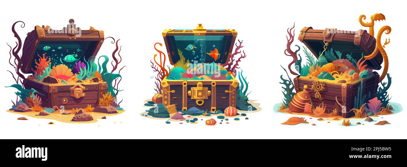 set vector treasure chest on ocean bottom illustration of ui interface ...