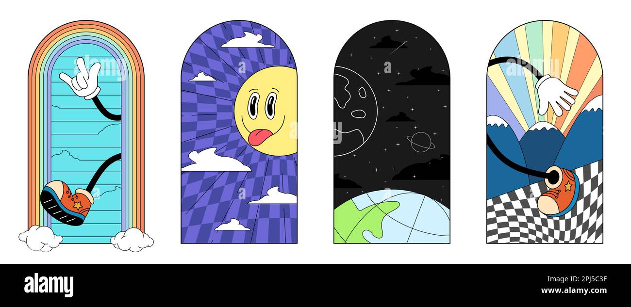 Retro groovy arch window set with funny sun character. Hippie style art ...