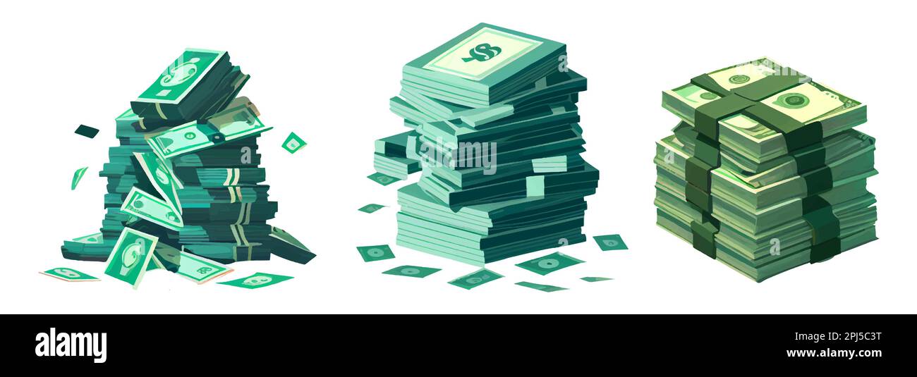 set vector illustration of green heap of money paper isolated on white ...