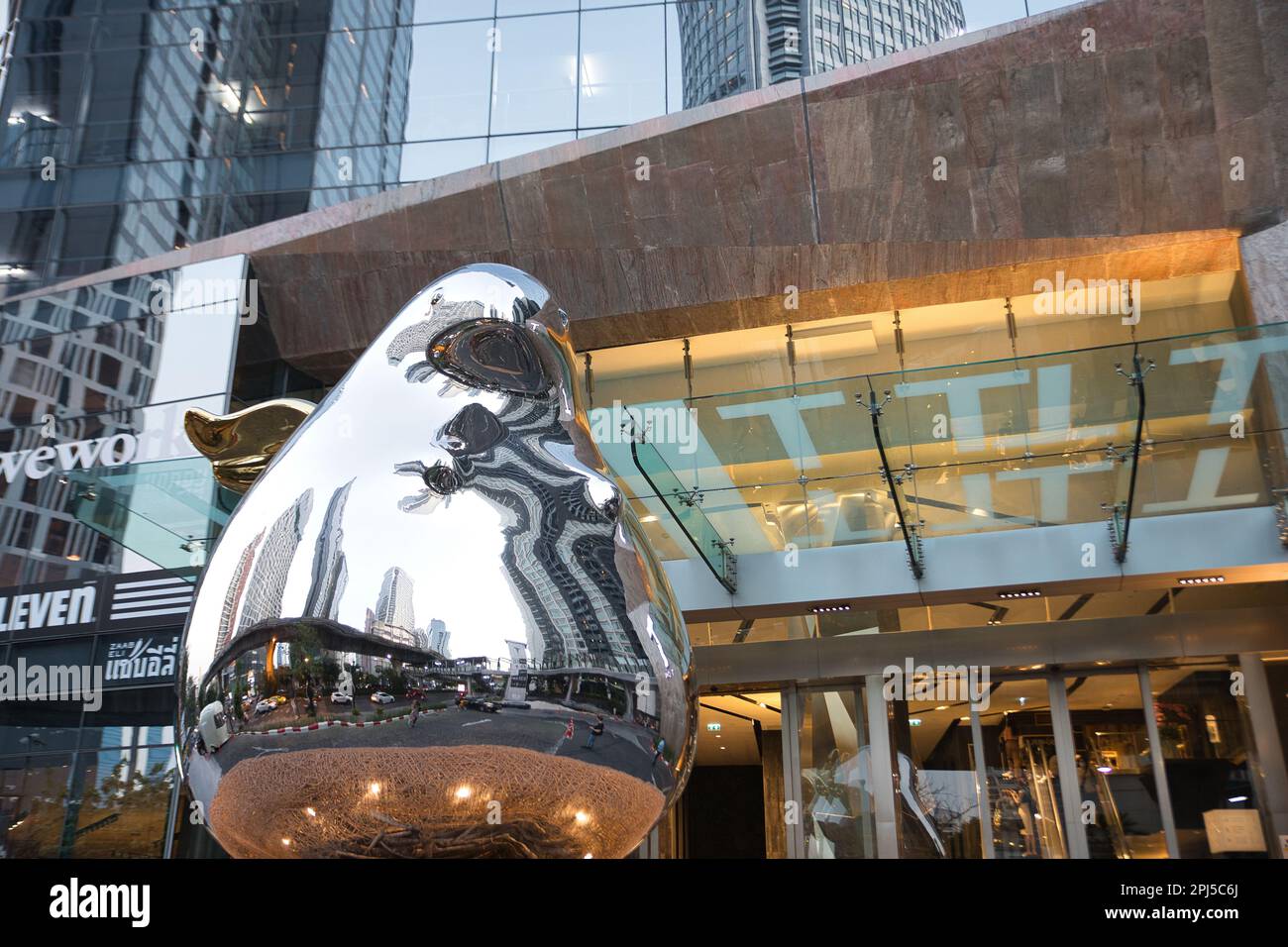 A modern, chrome sculpture in front of the building to the Tichuca ...