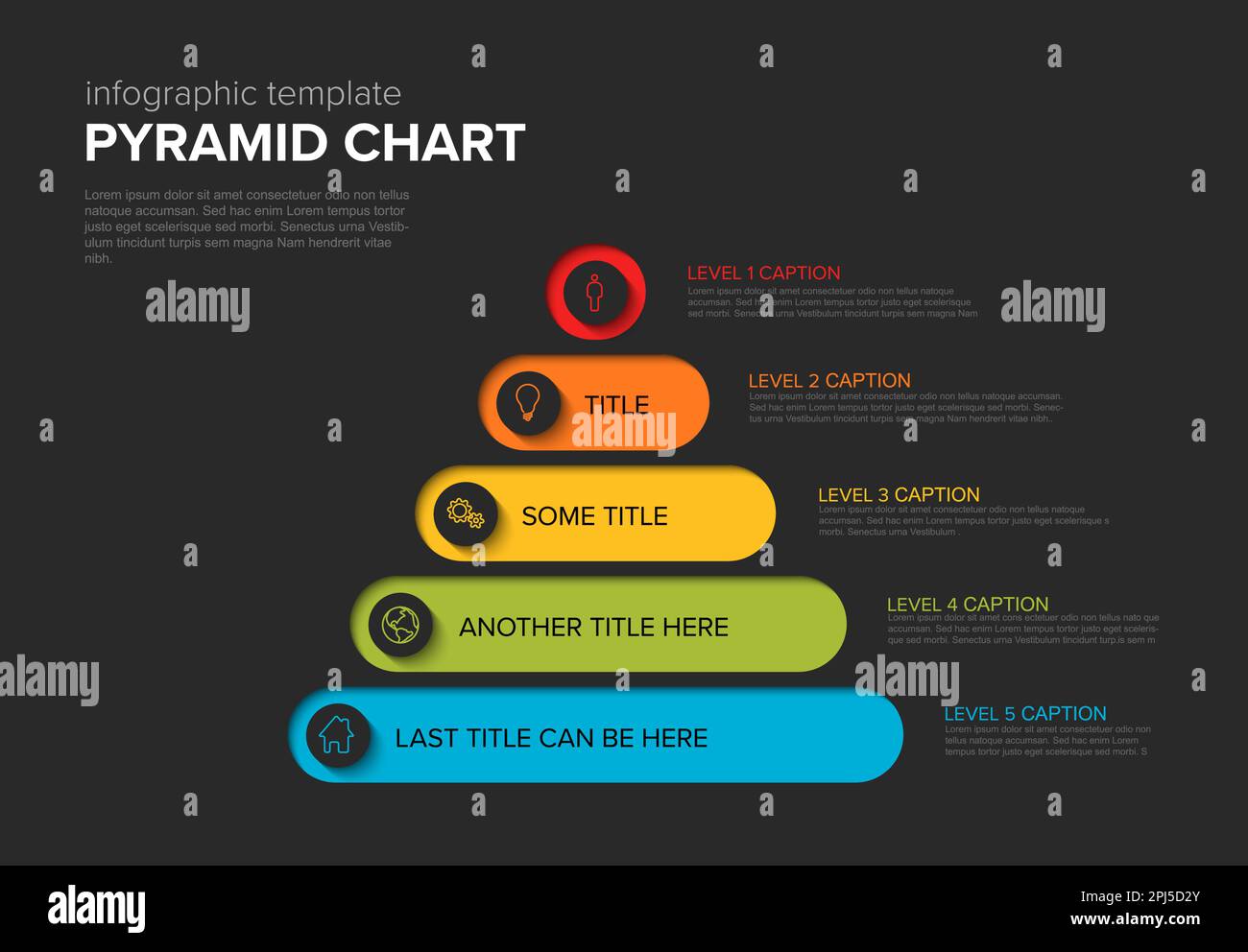 Vector Dark Infographic stipe layers template with five levels - color ...