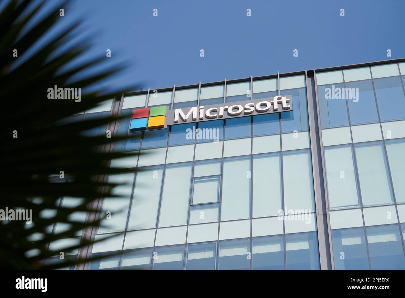 New Delhi - 08.12.2022 - Microsoft corporation brand logo on high rise ...