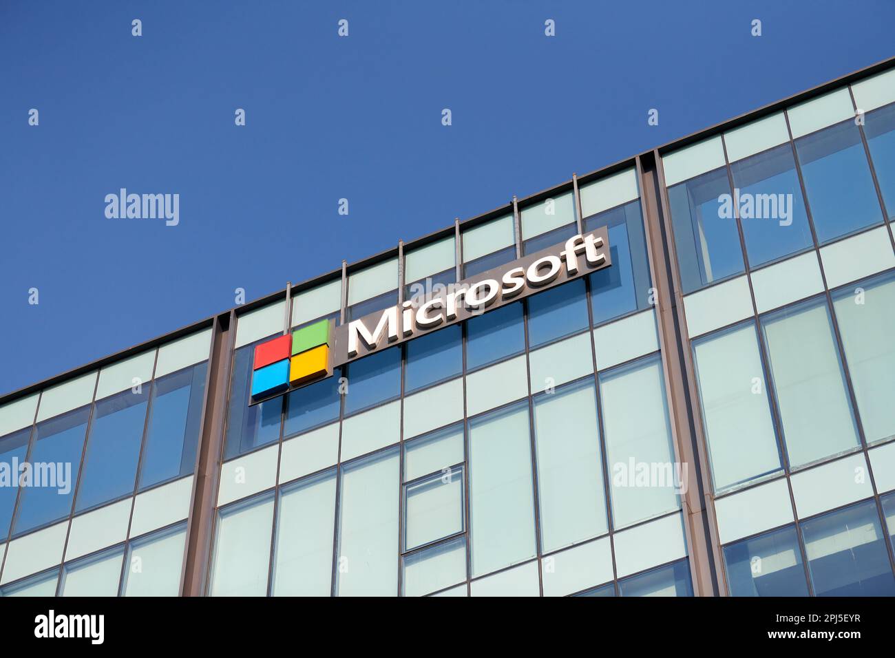 New Delhi - 08.12.2022 - Microsoft corporation brand logo on high rise ...