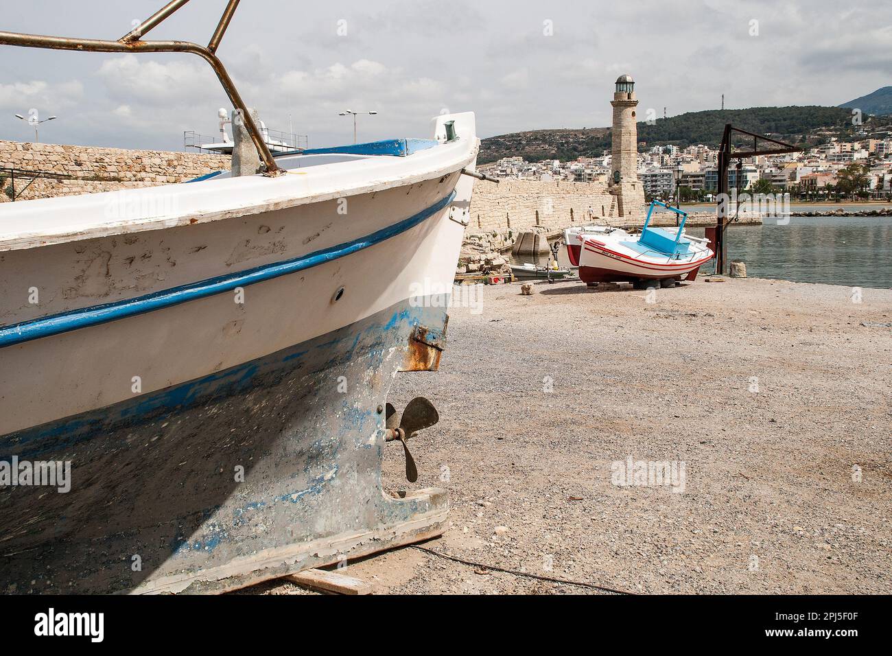 The harbour area & lighthouse at Rethymnon, Crete,Greece where fishing ...