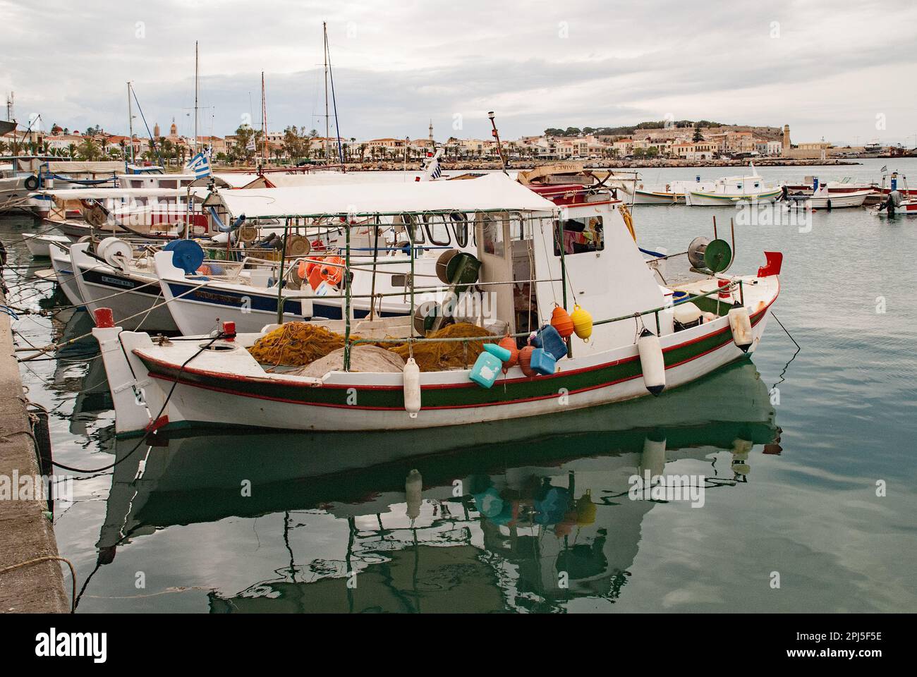 The harbour area at Rethymnon, Crete,Greece where fishing boats are ...