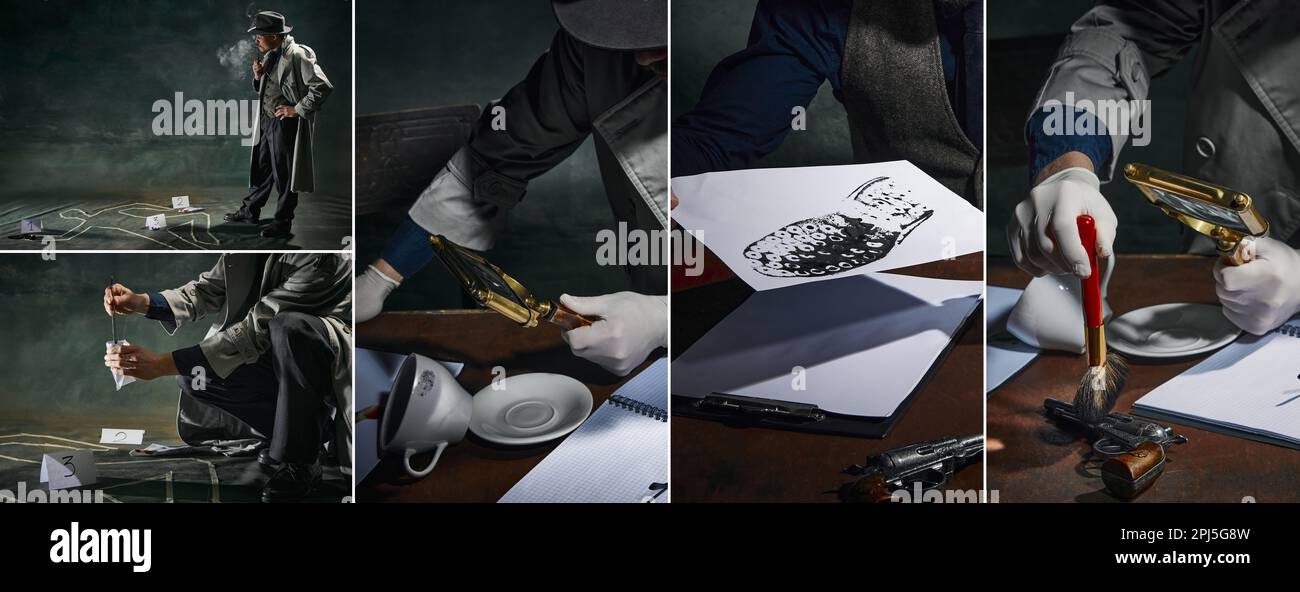 Set of images of professional detective working with clues of crime ...