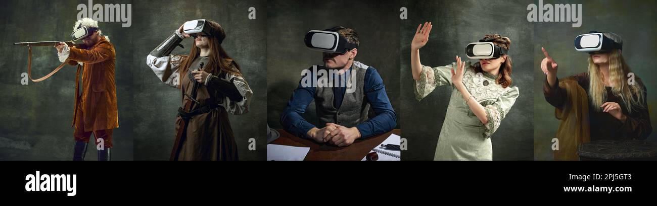 People in vintage costumes of different eras posing with VR glasses ...