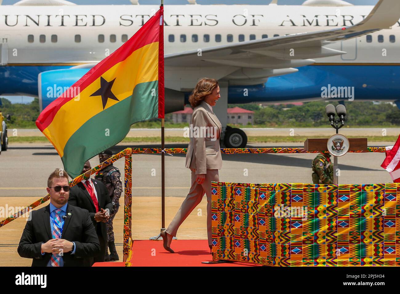 U.S. Vice President Kamala Harris smiles as she arrives in Accra, Ghana ...