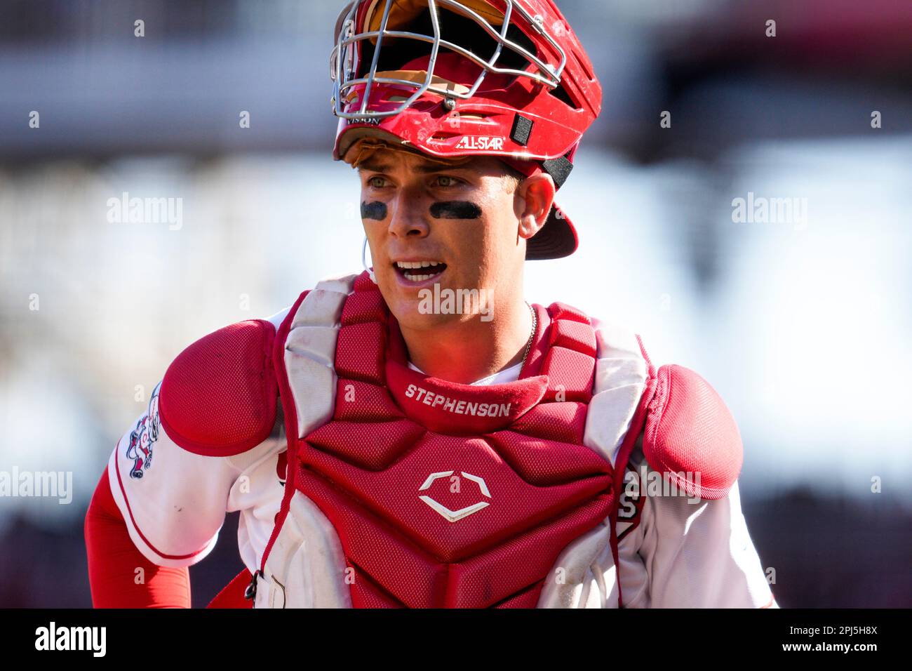 Cincinnati Reds catcher Tyler Stephenson plays against the Pittsburgh ...