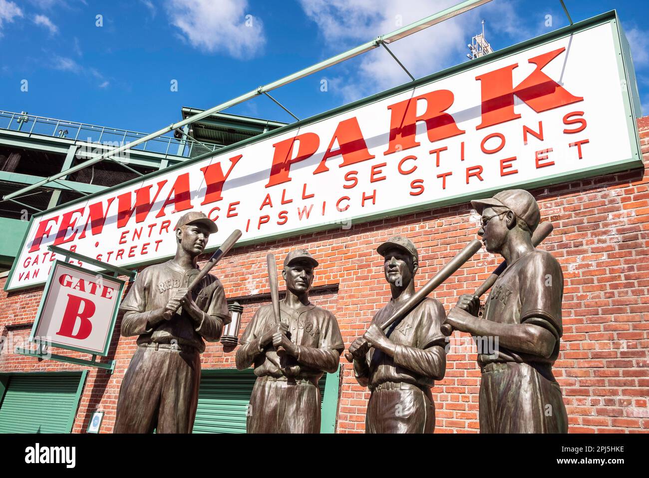 The Fenway Park Stadium's architecture with statues of former baseball ...
