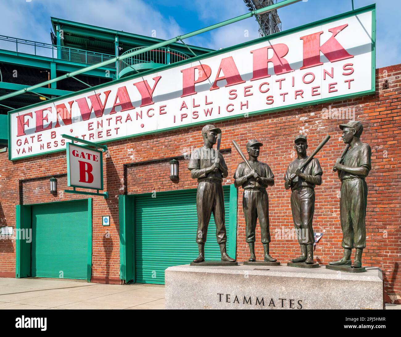 The Fenway Park Stadium's architecture with statues of former baseball ...