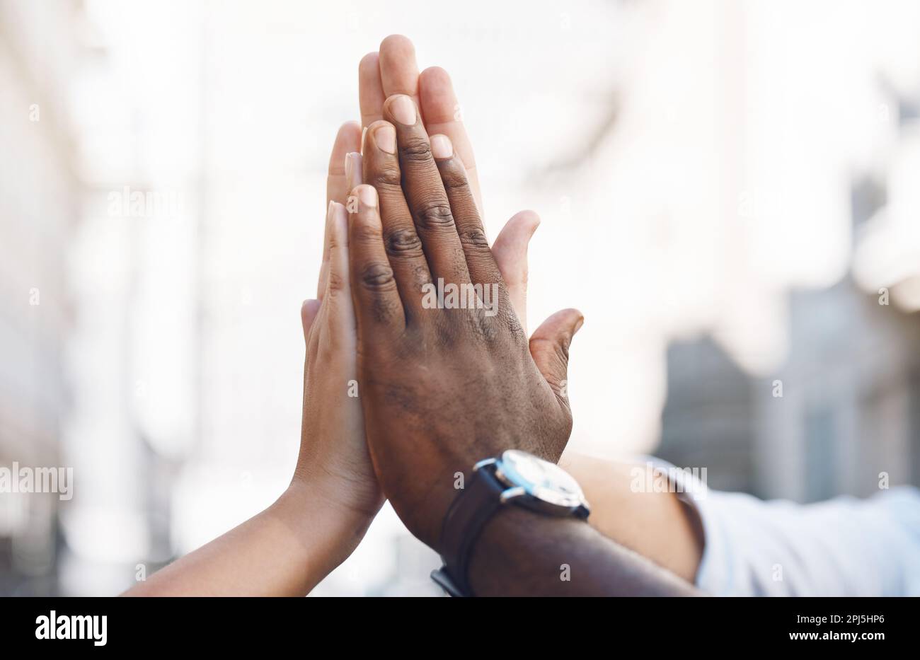 High five, hands and success in collaboration teamwork, global company startup and business ...