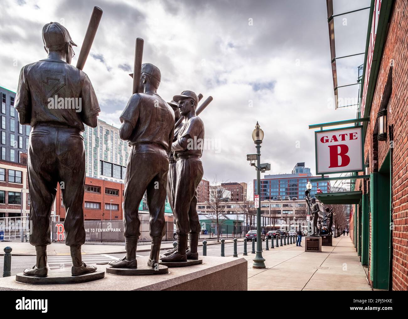 The Fenway Park Stadium's architecture with statues of former baseball ...