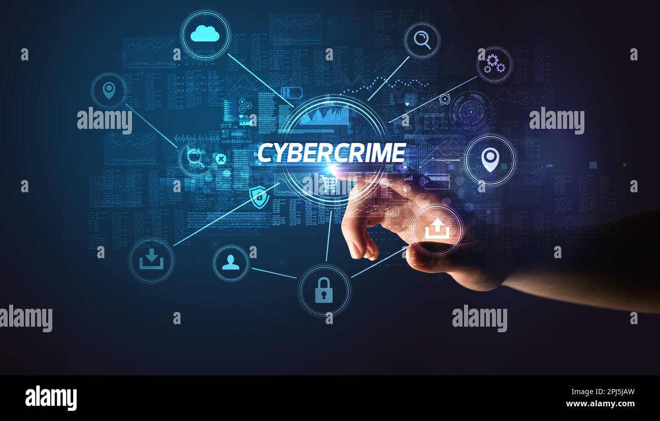 Hand touching cybersecurity button concept Stock Photo - Alamy
