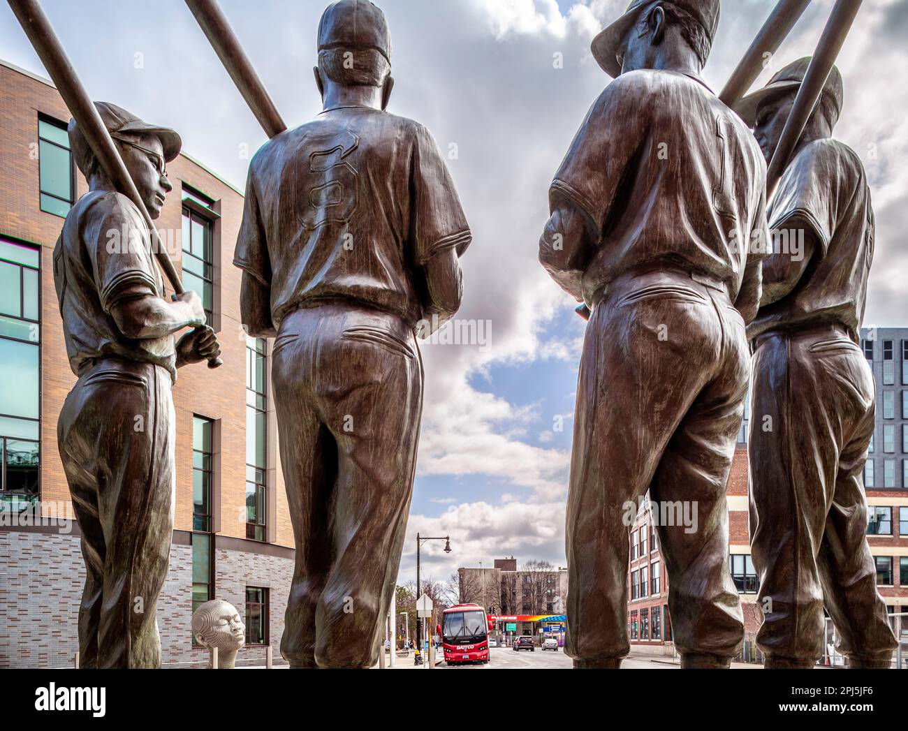 The Fenway Park Stadium's architecture with statues of former baseball ...