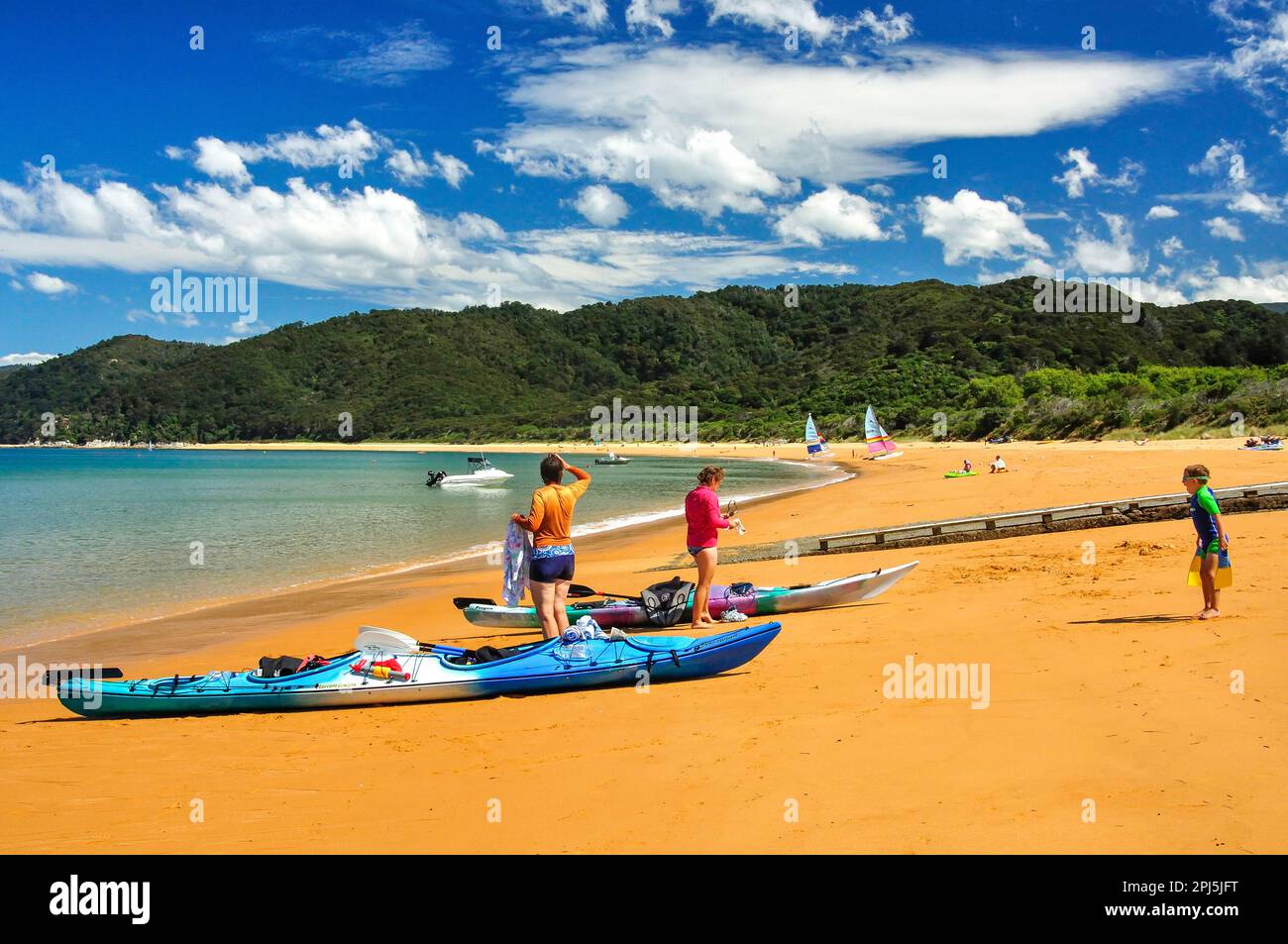 Family kayaking on Totaranui Beach, Abel Tasman National Park, Nelson ...