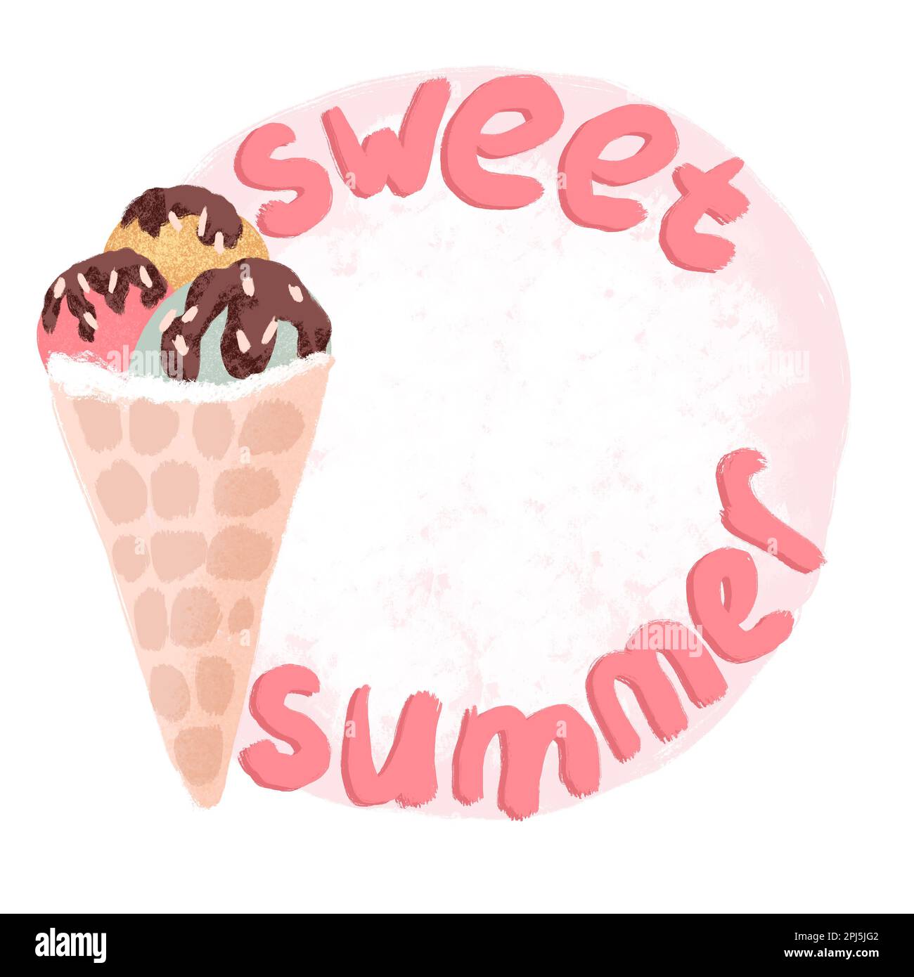 Hand drawn round frame with ice cream in cone, retro vintage style ...